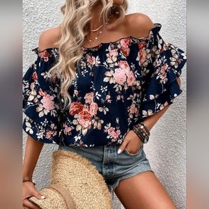 Tops | New Boho Floral Rose Off Shoulder Ruffle Top Navy Blue Pink Red ...